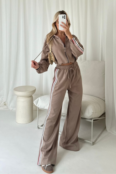 Nova beige striped zip through lounge co ord – Glamify Famous For ...