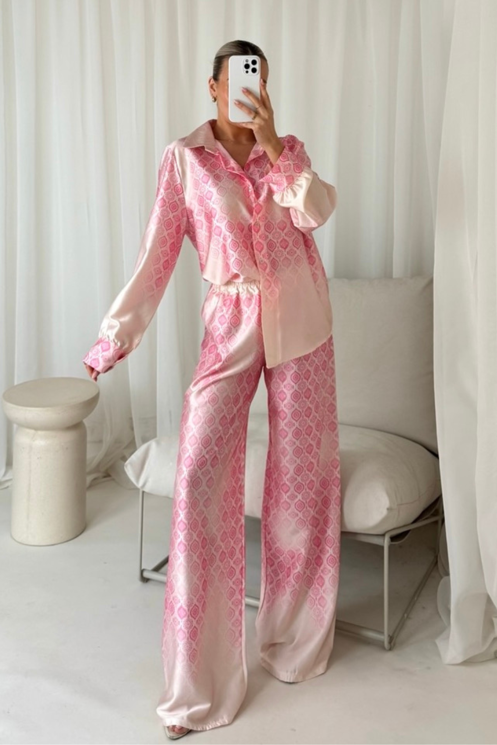 Charlie pink satin shirt and trouser co-ord – Glamify Famous For Loungewear