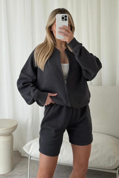 Siobhan steel grey bomber jacket and shorts loungewear – Glamify Famous ...