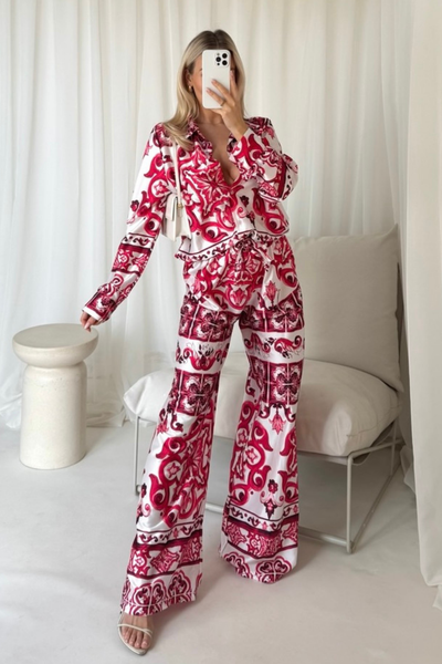Charlie pink patterned satin shirt and trouser co-ord – Glamify Famous ...