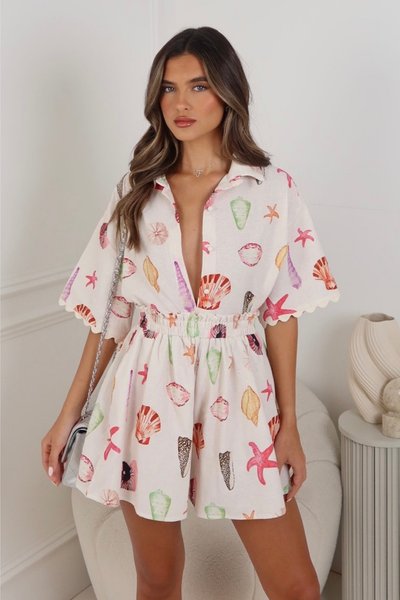 Fran white sea shell print linen shirt & shorts co ord – Glamify Famous ...