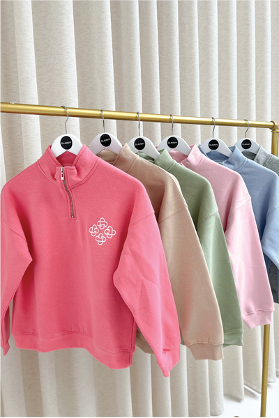 Mini G crest pink lemonade embroidered 3/4 zip sweater – Glamify Famous ...
