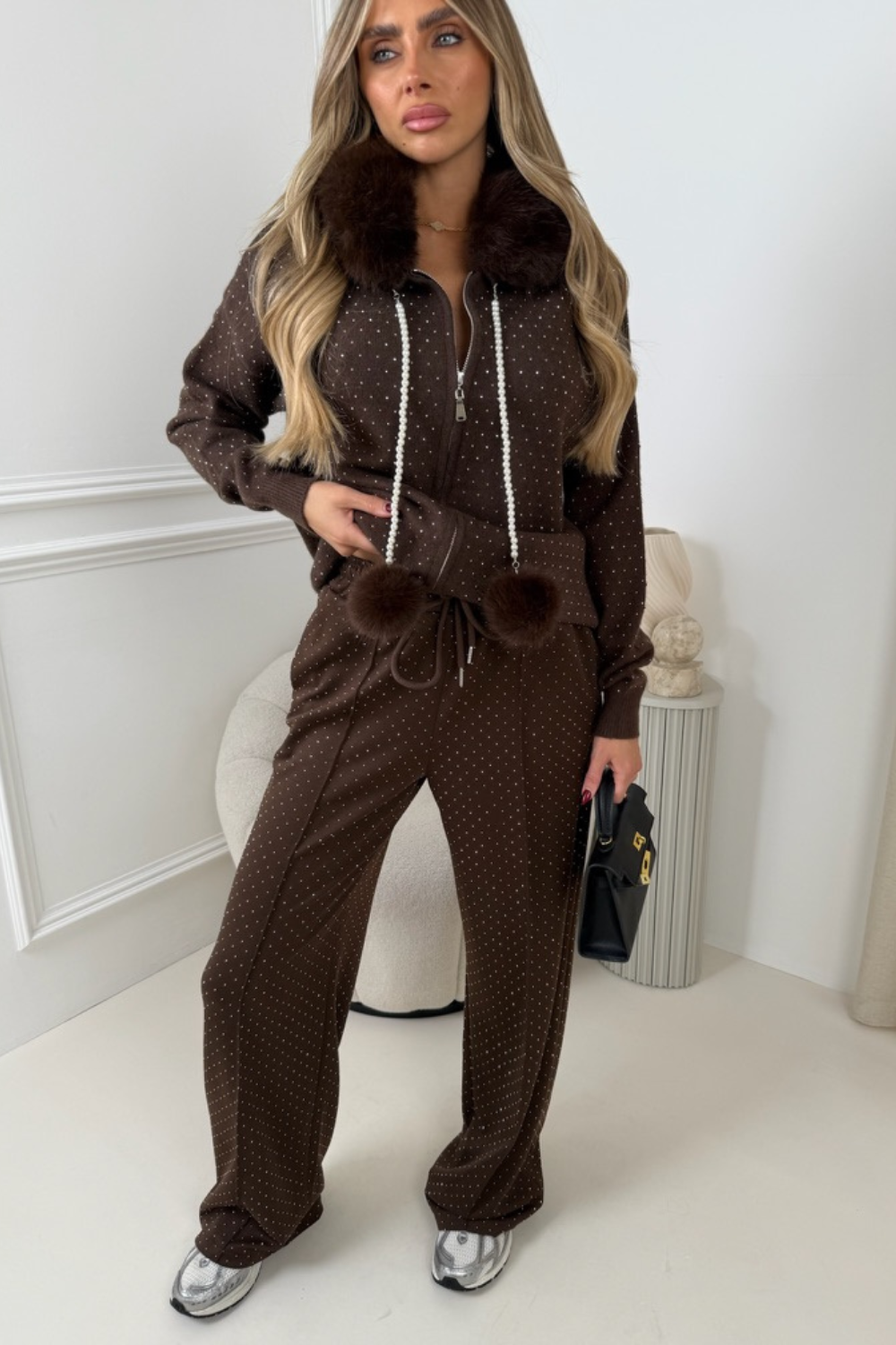 ELODIE CHOCOLATE DIAMANTE DRAWSTRING TROUSERS – Glamify Famous For ...