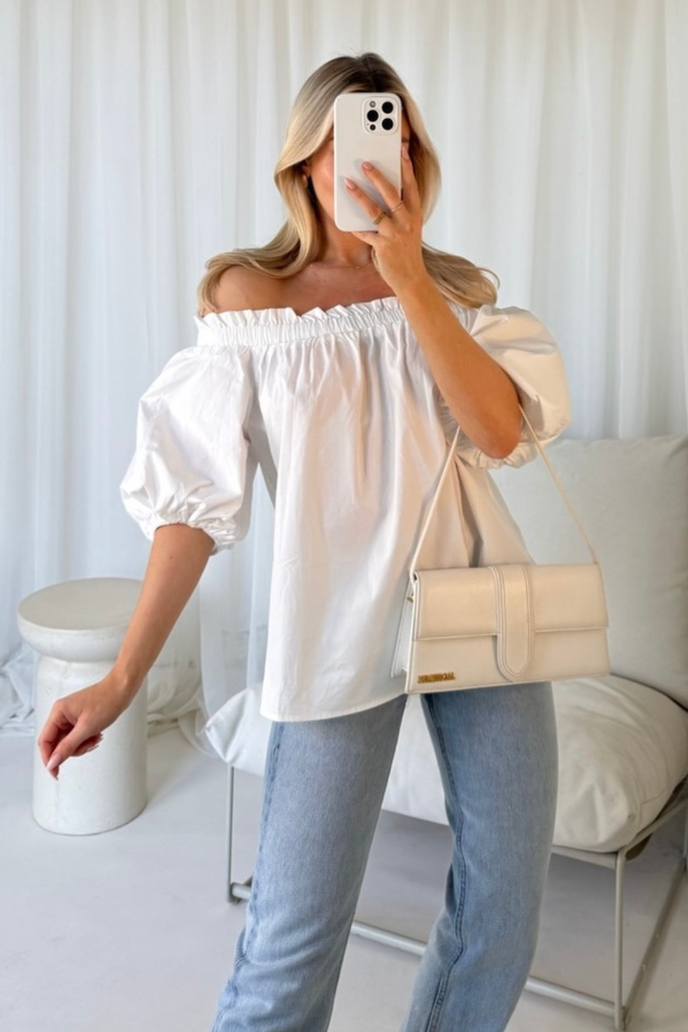 Claire white bardot puff sleeve blouse – Glamify Famous For Loungewear