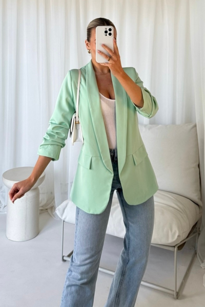 Valencia pistachio ruched sleeve blazer – Glamify Famous For Loungewear