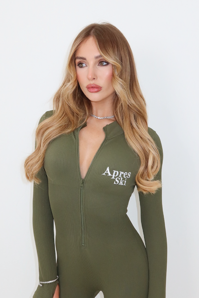 Apres ski khaki embroidered ribbed unitard – Glamify Famous For Loungewear